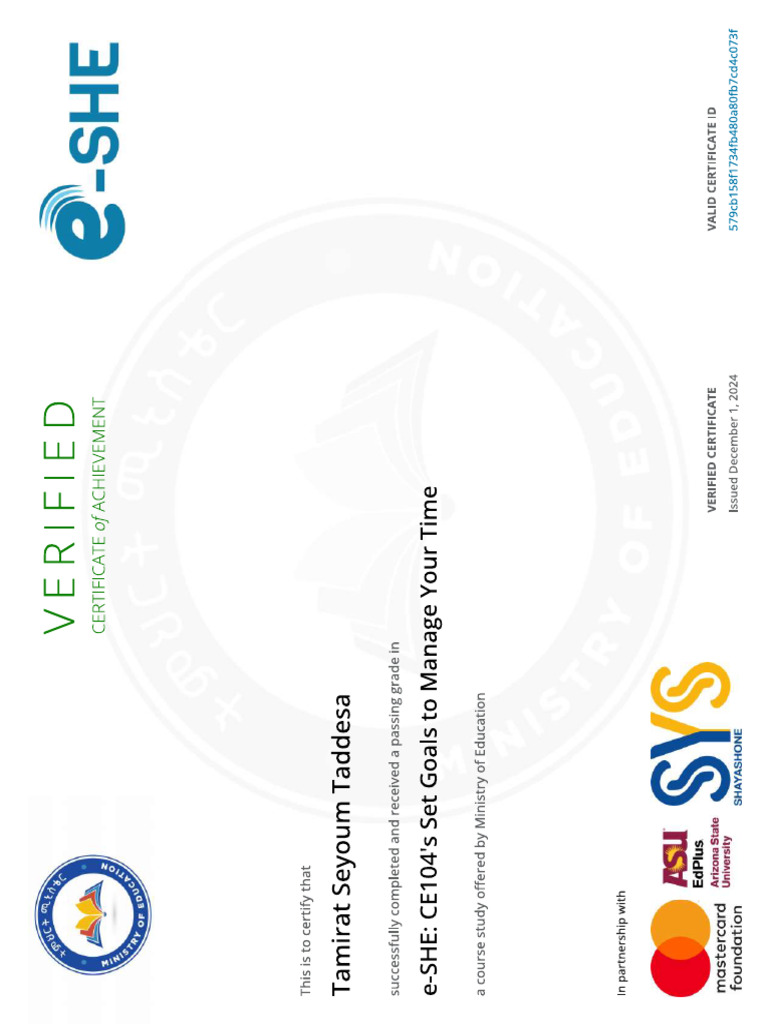 E-SHE CE104 Certificate - Debre Tabor University | PDF