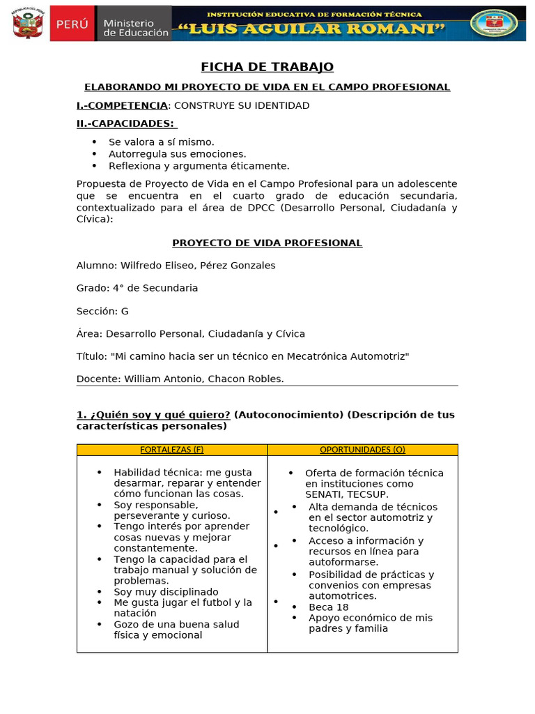 Ficha de Trabajo DPCC Proyecto de Vida | PDF | Análisis FODA | Desarrollo personal