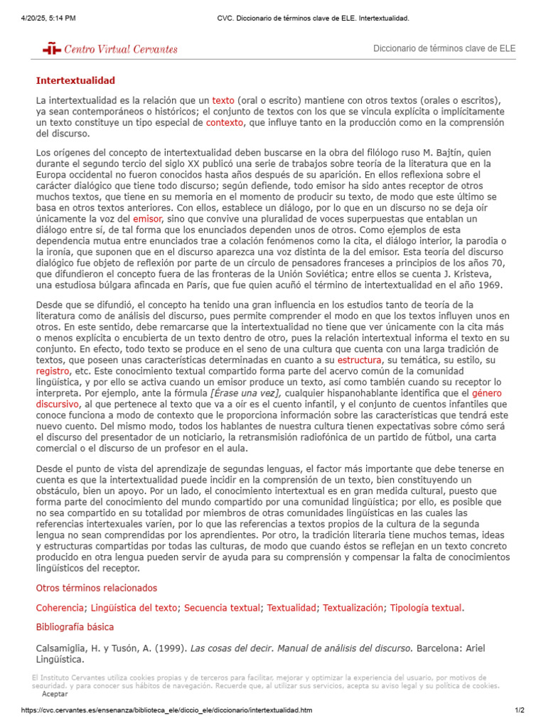CVC. Diccionario de Términos Clave de ELE. Intertextualidad | PDF | Intertextualidad | Comunicación