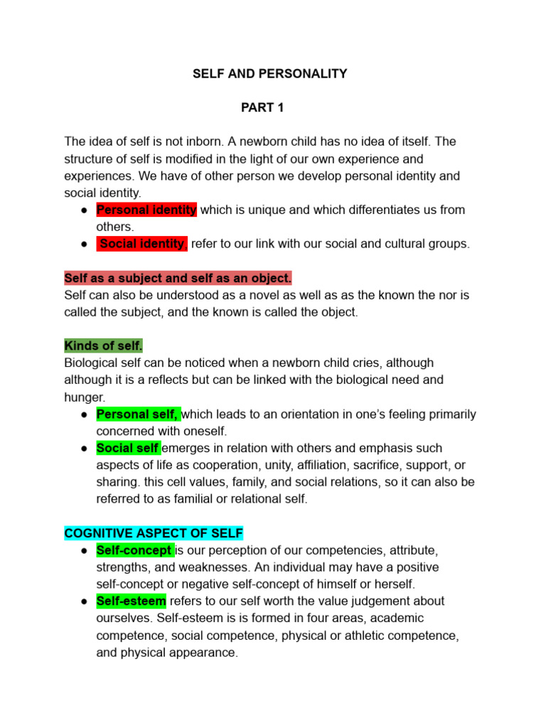 Self and Personality - HANDOUT | PDF | Psychoanalysis | Psychological Theories