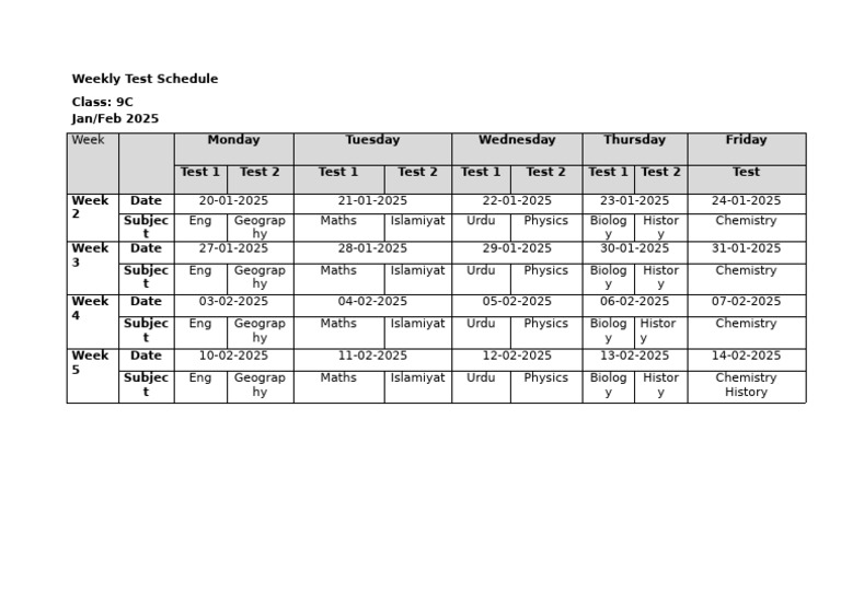 Weekly Test Schedule | PDF