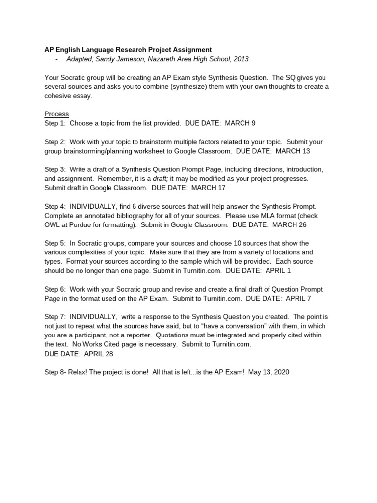 AP English Language Research Project Assignment | PDF