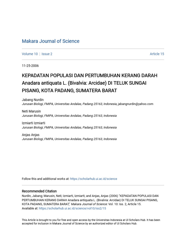KEPADATAN POPULASI DAN PERTUMBUHAN KERANG DARAH Anadara Antiquata | PDF