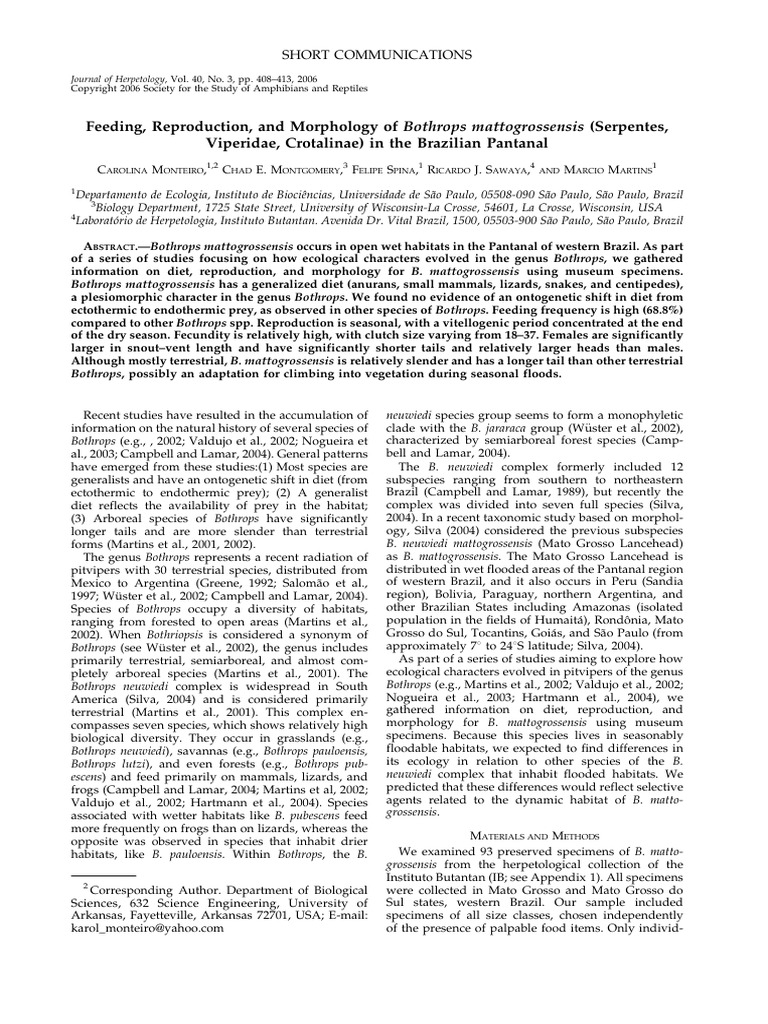 Alimentacion, Reproduccion y Morfología de Bothrops Mattogrossensis ...