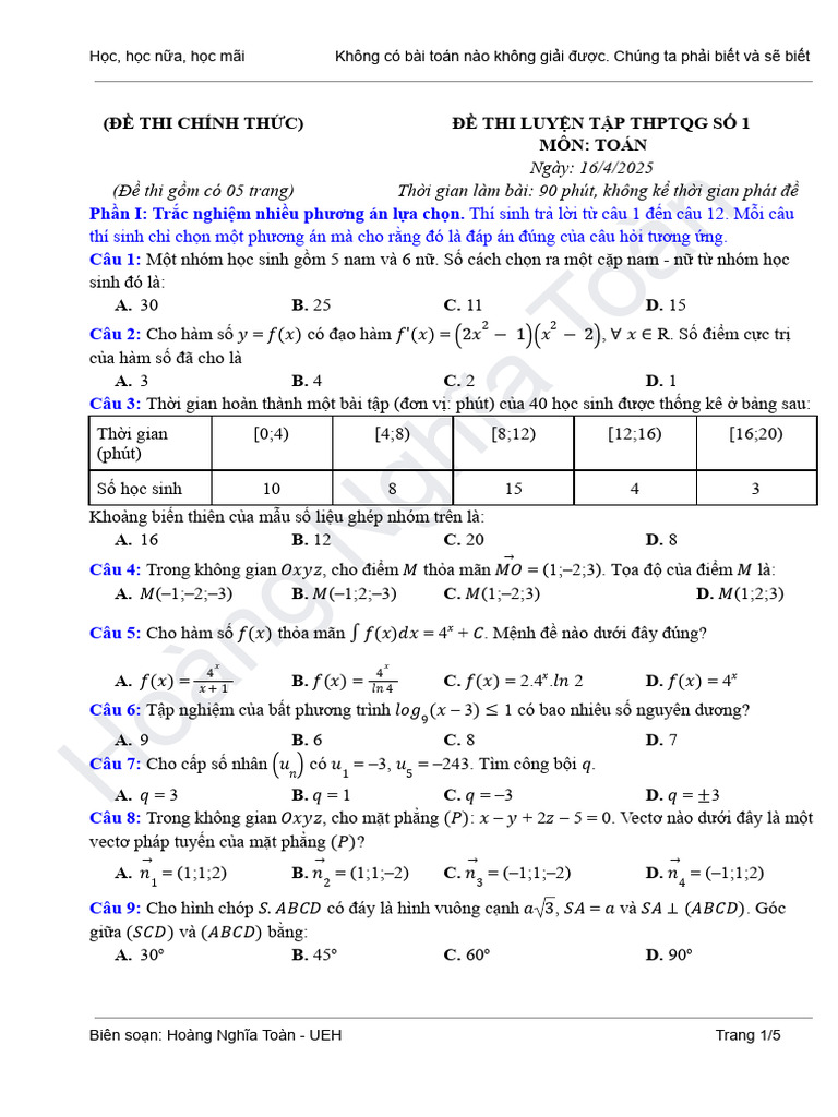 ĐỀ THI LUYỆN TẬP THPTQG SỐ 1 | PDF