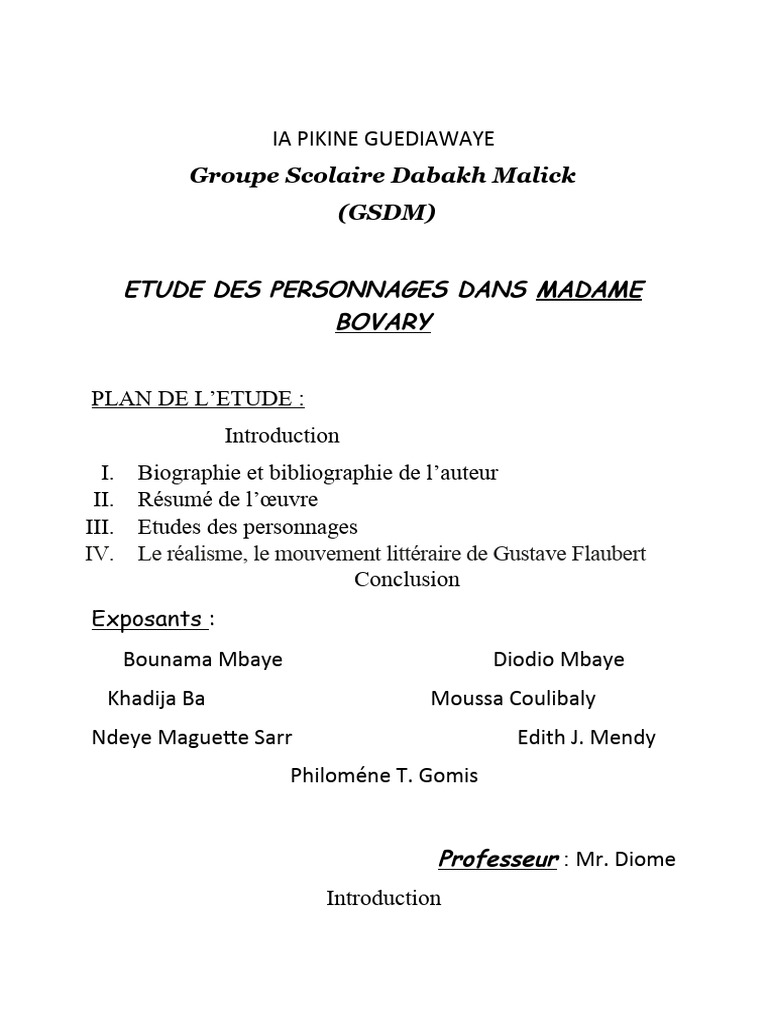 Étude des personnages de Madame Bovary | PDF | Gustave Flaubert ...