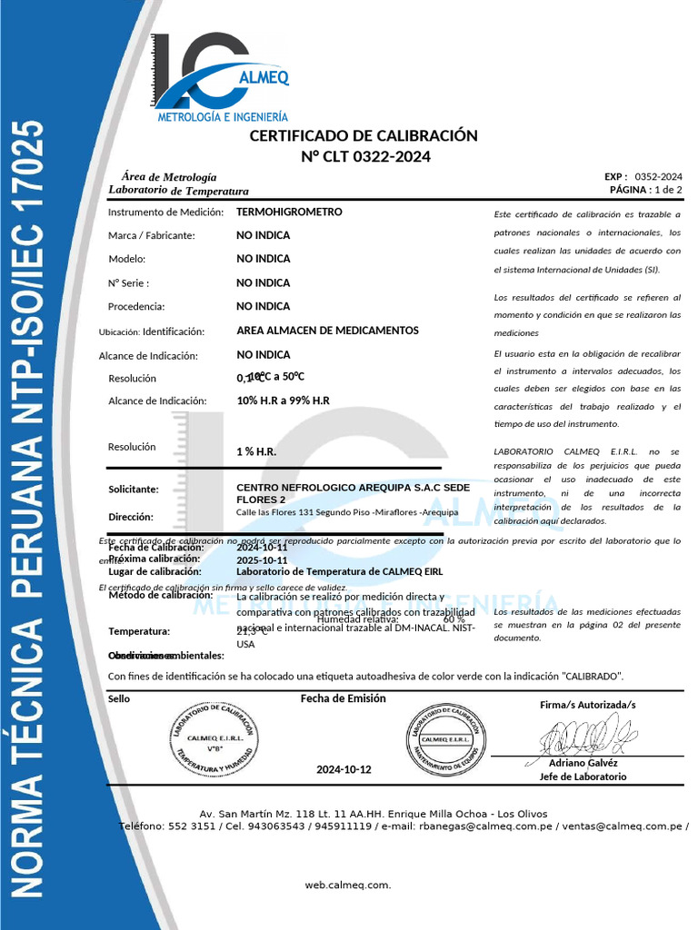 Certificado de Calibración Termohigrómetro | PDF | Calibración | Instrumentación