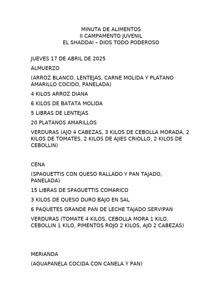 Minuta de Alimentos Campamento Juvenil | PDF | Alimentos | Cocinando