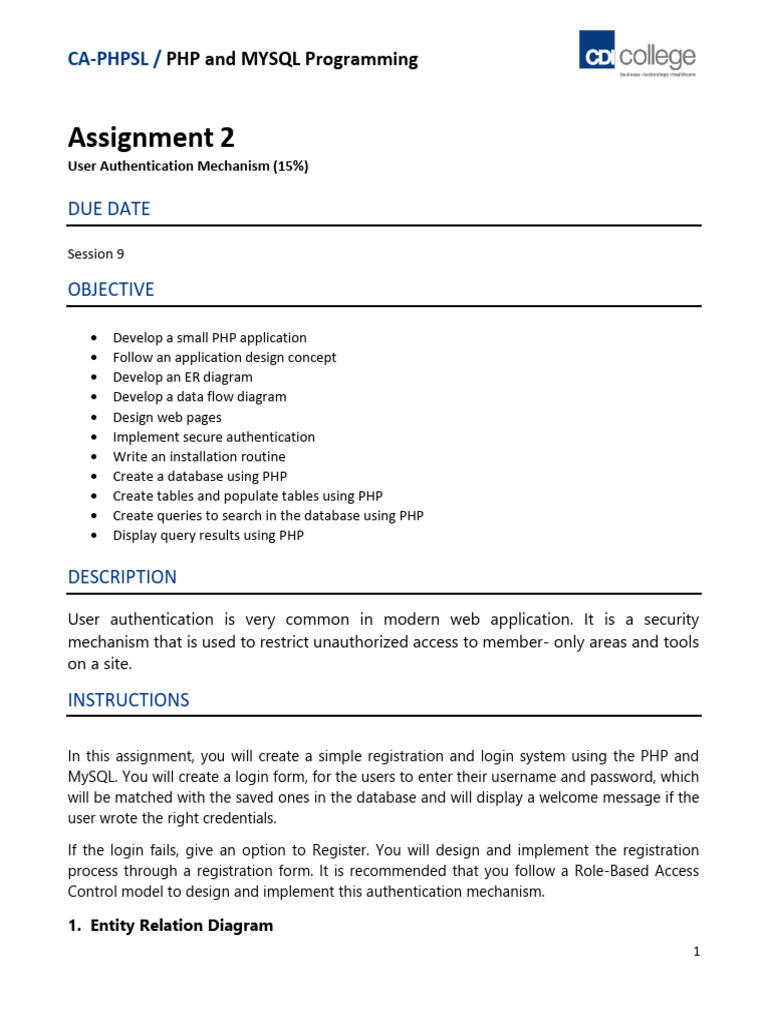 CA-PHPSL Instructions For Assignment 2 - User Authentication Mechanism | PDF | Class (Computer ...