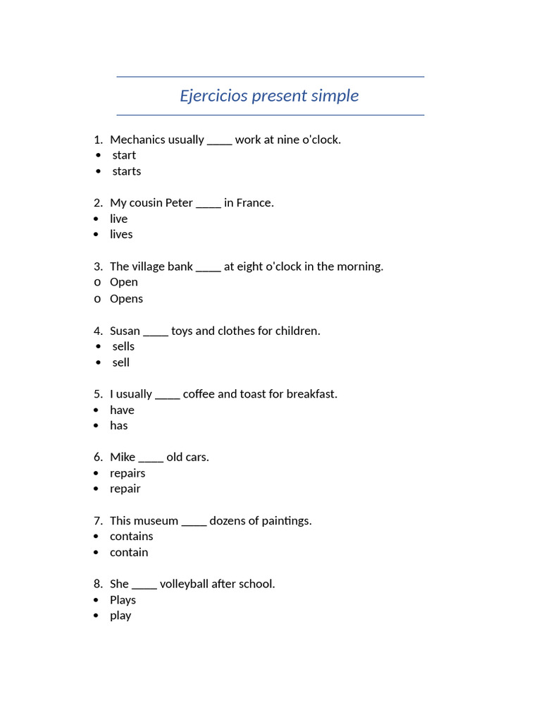 Ejercicios Present Simple | PDF
