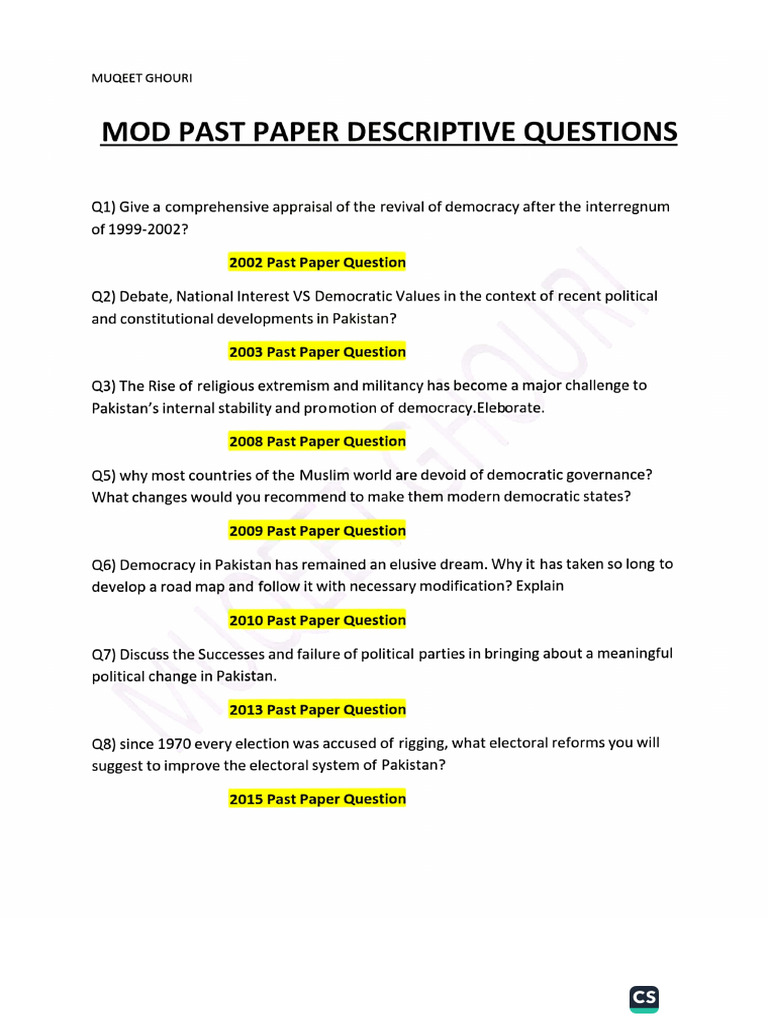 Mod Descriptive Past Papers | PDF