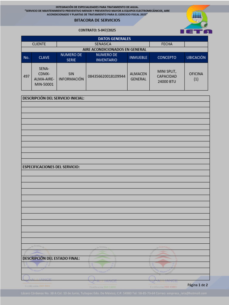 Bitacora de Servicio | PDF