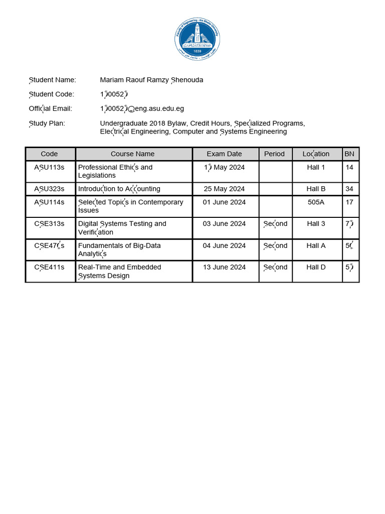 Ain-Shams University Exam Schedule 2024 | PDF