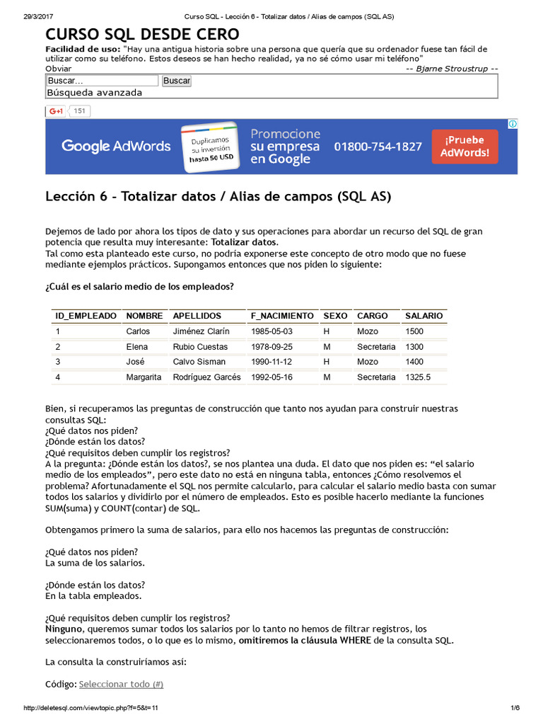 Curso SQL - Lección 6 - Totalizar Datos - Alias de Campos (SQL As) | PDF | SQL | Bases de datos