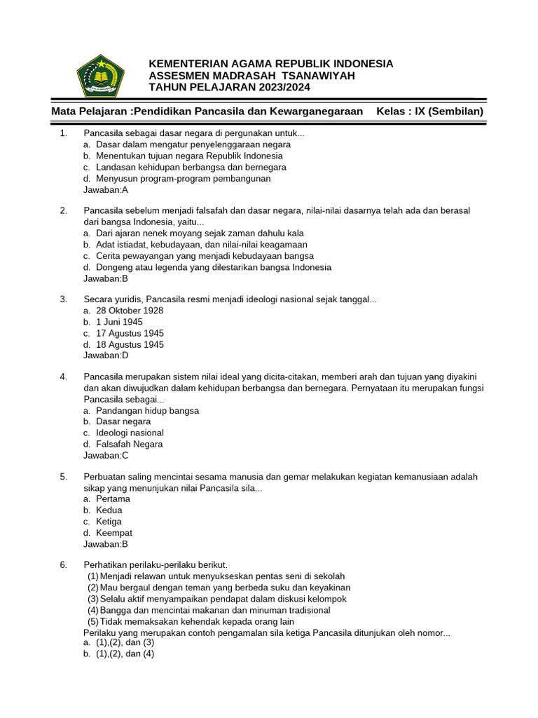 (PPKN) Naskah Soal AM 2024 OK | PDF