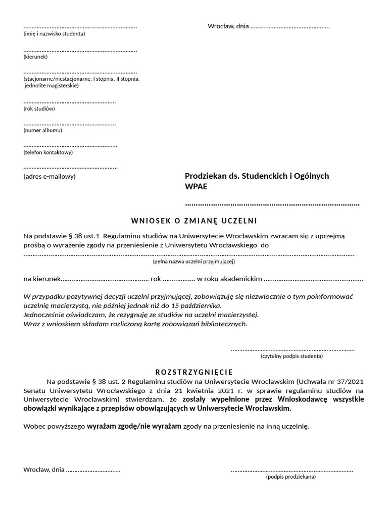Wniosek o Zmianę Uczelni | PDF