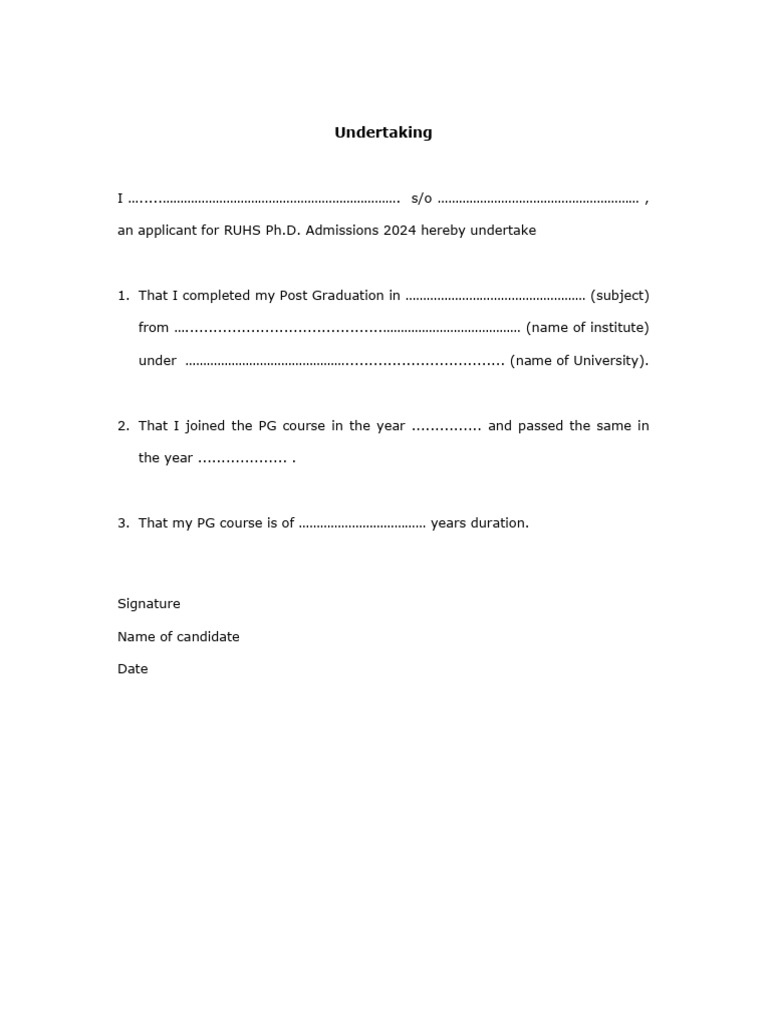 Undertaking Proforma For Course Duration PHD 2024 | PDF