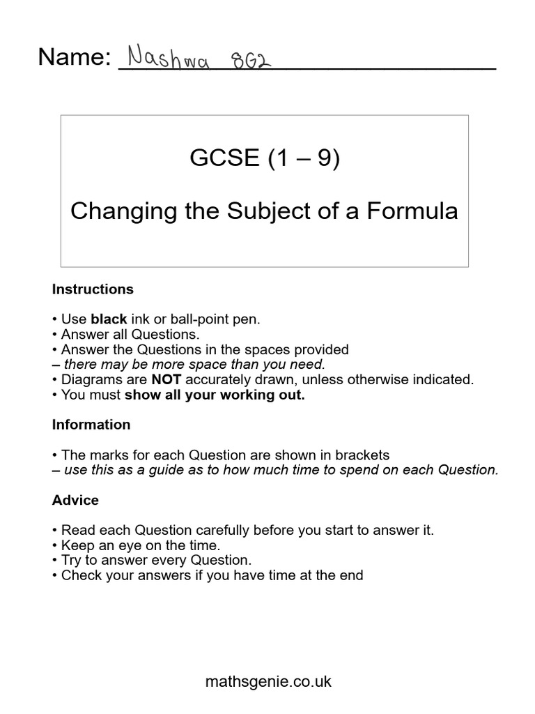 Changing the Subject of a Formula | PDF | Mathematics