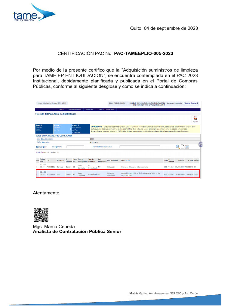 Certificación PAC TAME EP 2023 | PDF