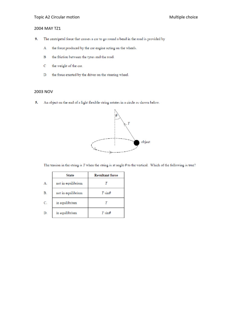 A2 Circular Motion (2000-2004) MC | PDF