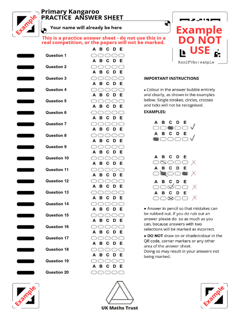 Primary Kangaroo Practice Answer Sheet | PDF