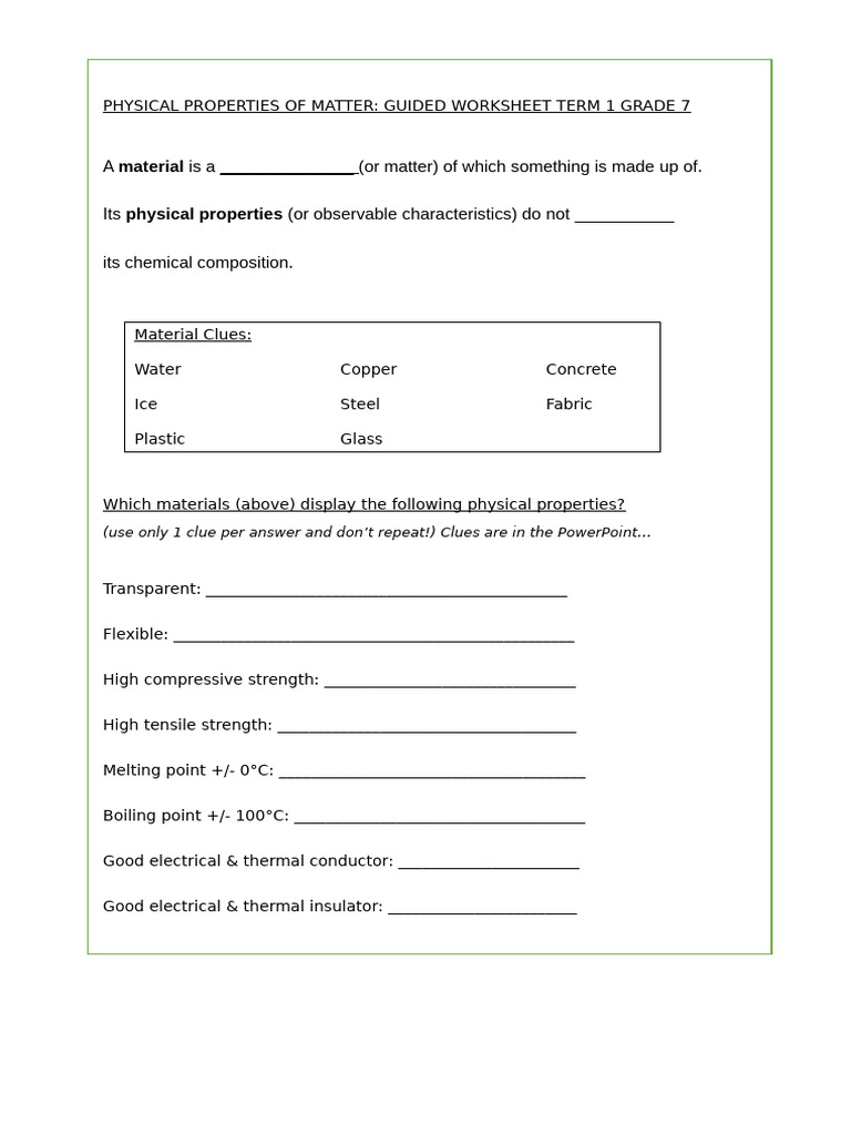 Grade 7 Physical Properties Worksheet | PDF