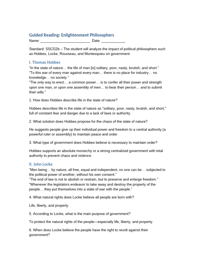 Enlightenment Philosophers Guided Reading | PDF | Separation Of Powers ...