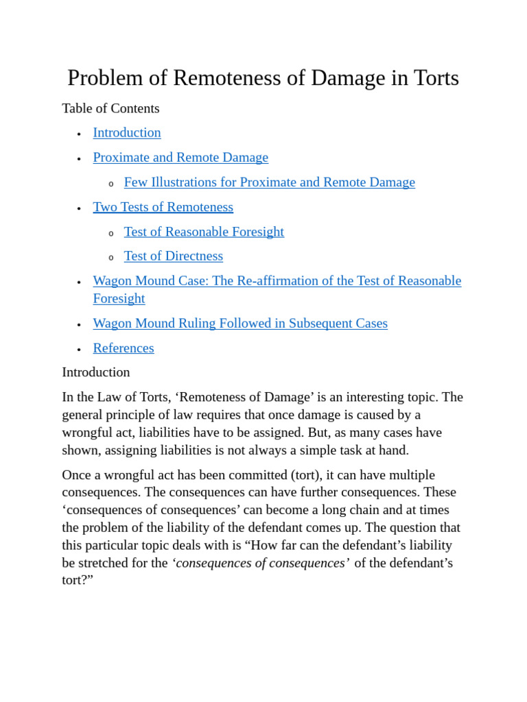 Problem of Remoteness of Damage in Torts | PDF | Negligence | Common Law