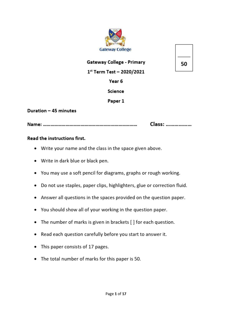 Year 6 Science Test Paper 2020/21 | PDF | Sound | Mouse