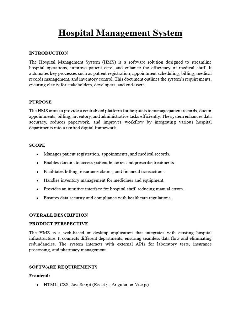 SRS for Hospital Management System | PDF | Input/Output | Medicine
