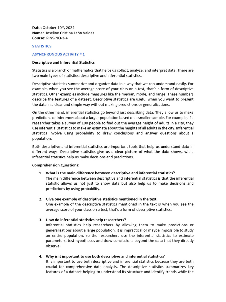 Descriptive vs. Inferential Statistics Explained | PDF | Statistics ...