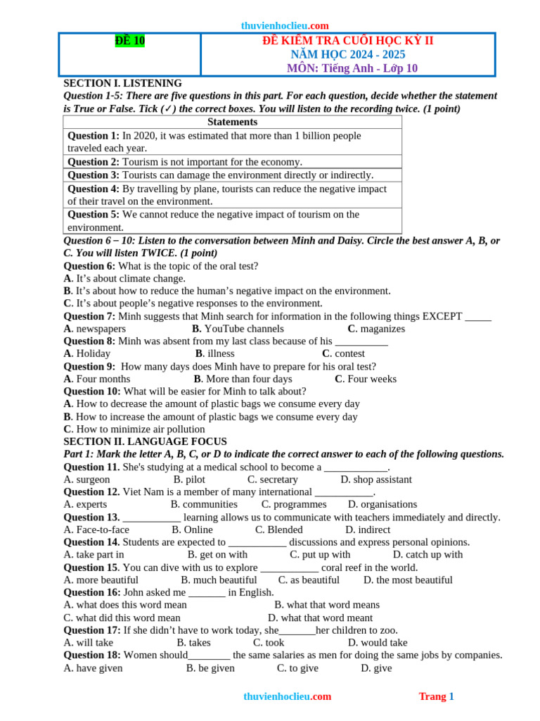 Thuvienhoclieu.com de Kiem Tra Cuoi HK2 Tieng Anh 10 Global de 10 | PDF | Climate Change | Tourism