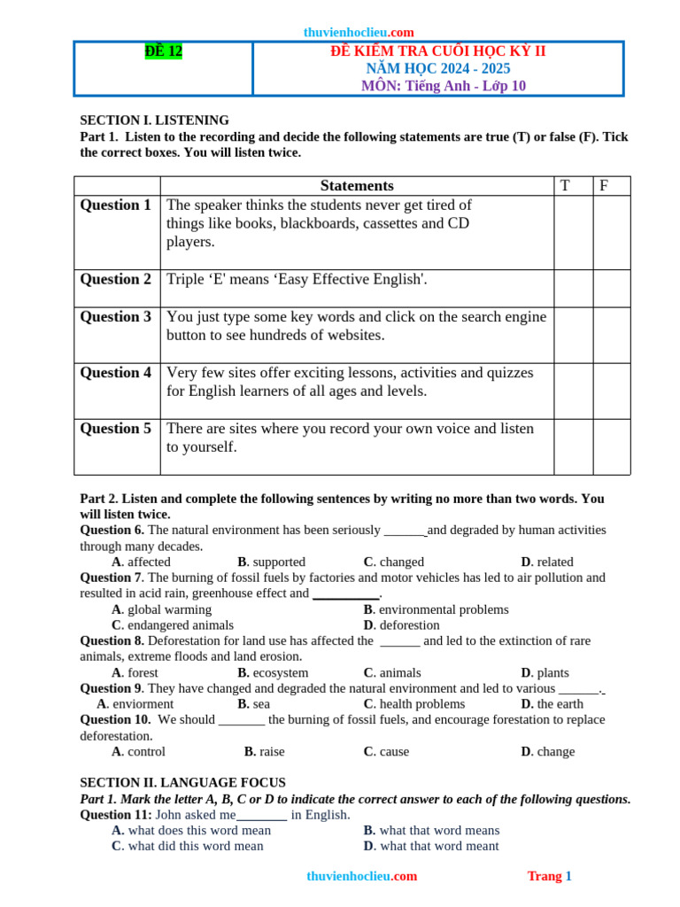 De Kiem Tra Cuoi HK2 Tieng Anh 10 Global de 12 | PDF | Educational Technology | Learning
