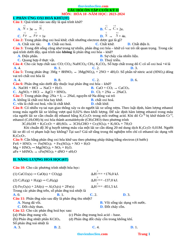 Bo Cau Hoi On Tap HK2 Hoa 10 CTST | PDF