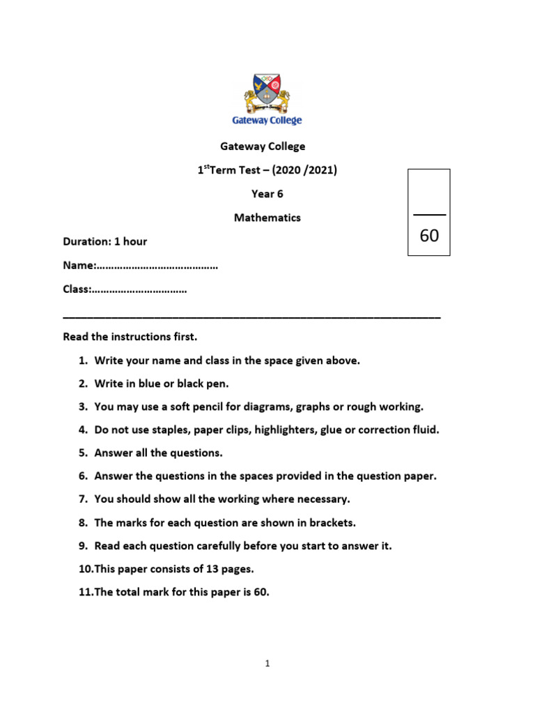 Mathematics Year 6 First Term Test | PDF | Triangle | Arithmetic