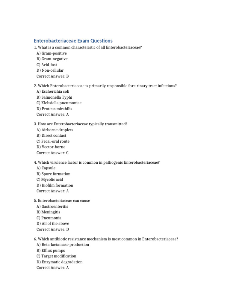 Enterobacteriaceae Exam Questions Guide | PDF | Infection | Escherichia ...