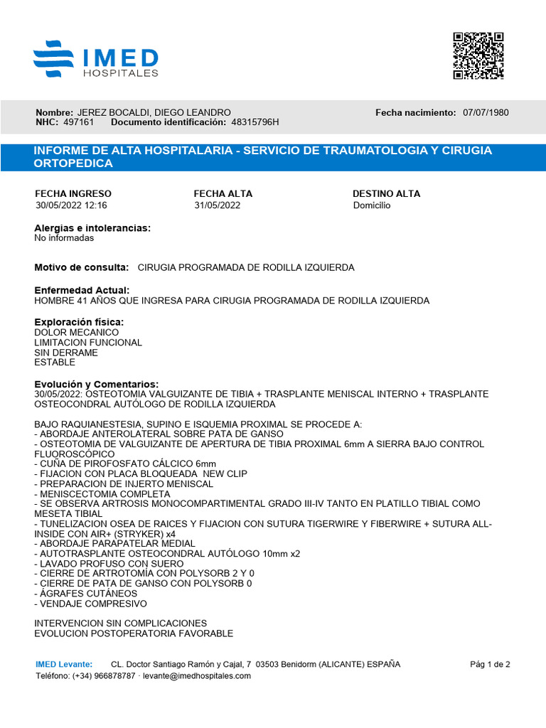 30 - 05 - 2022 20 - 57 - Informe de Alta Hospitalaria-1 | PDF | Rodilla ...