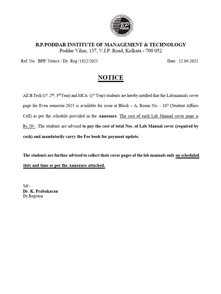 Notice On Issuance of Cover Pages of Lab Manuals - Even Sem - 2024 - 25 ...