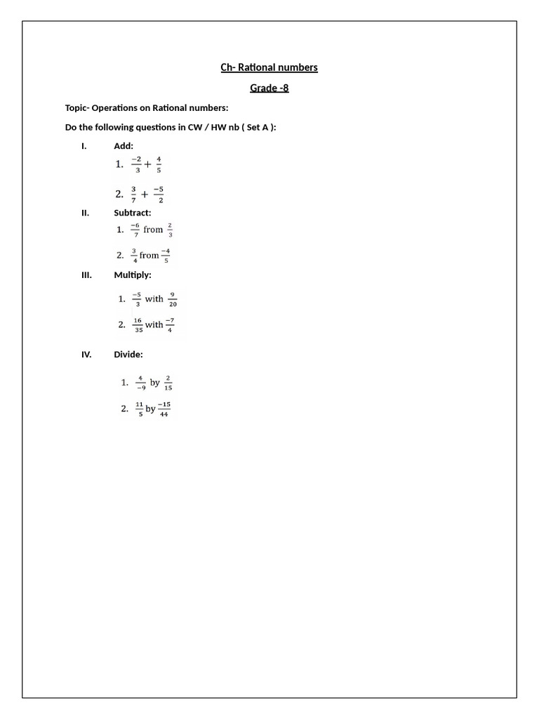 Sheet On Operations of Rational Numbers | PDF