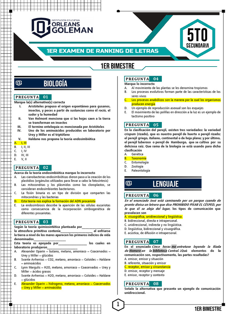 10. 5TO SECUNDARIA - 1ER EXAMEN LETRAS - 1BIMESTRE - CLAVES (1) | PDF ...