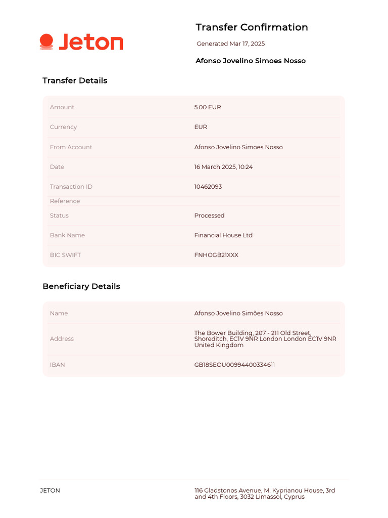 Jeton - Transfer - Confirmation - 10462093 2 | PDF