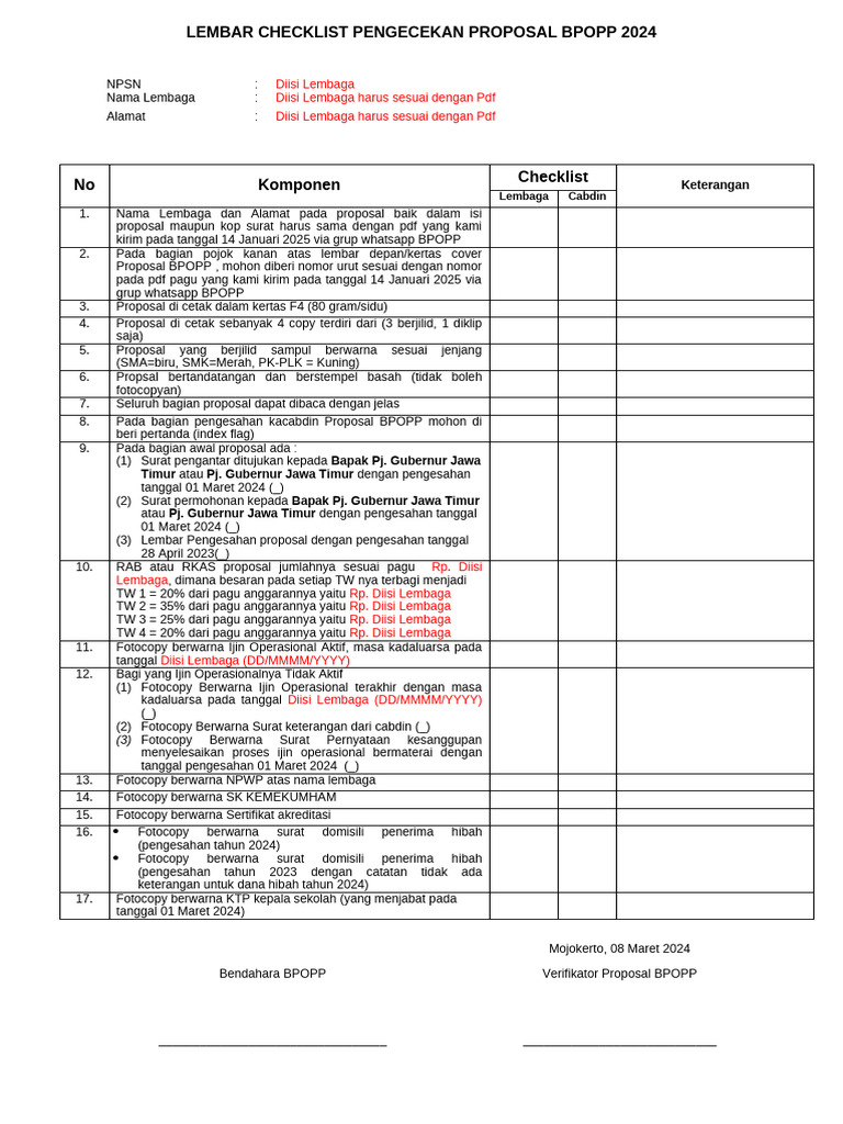 Lembar Checklist Proposal Bpopp 2025 | PDF