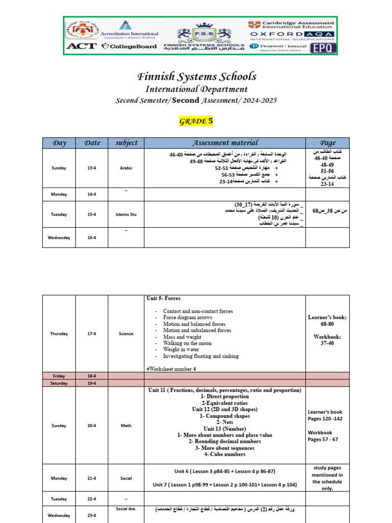 Second Assessment Timetable Grade 5 | PDF | Mathematics