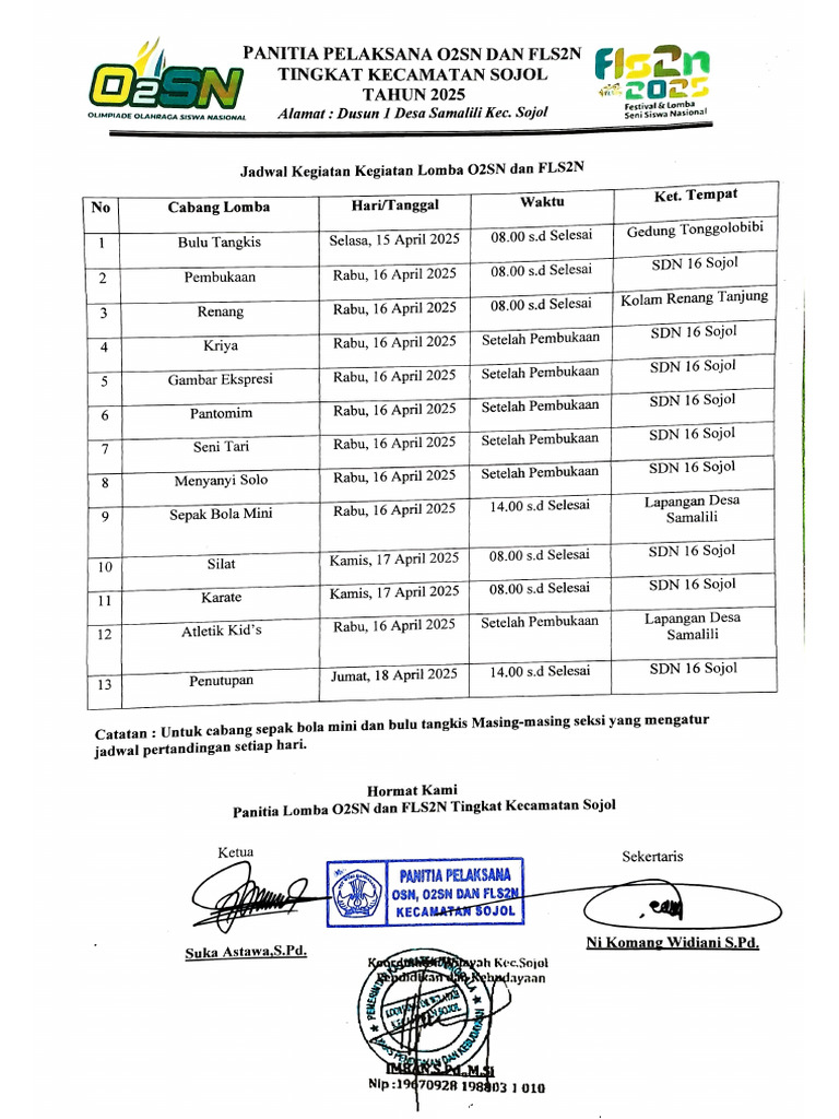 Jadwal Umum Kegiatan Lomba O2sn & FLS2N | PDF