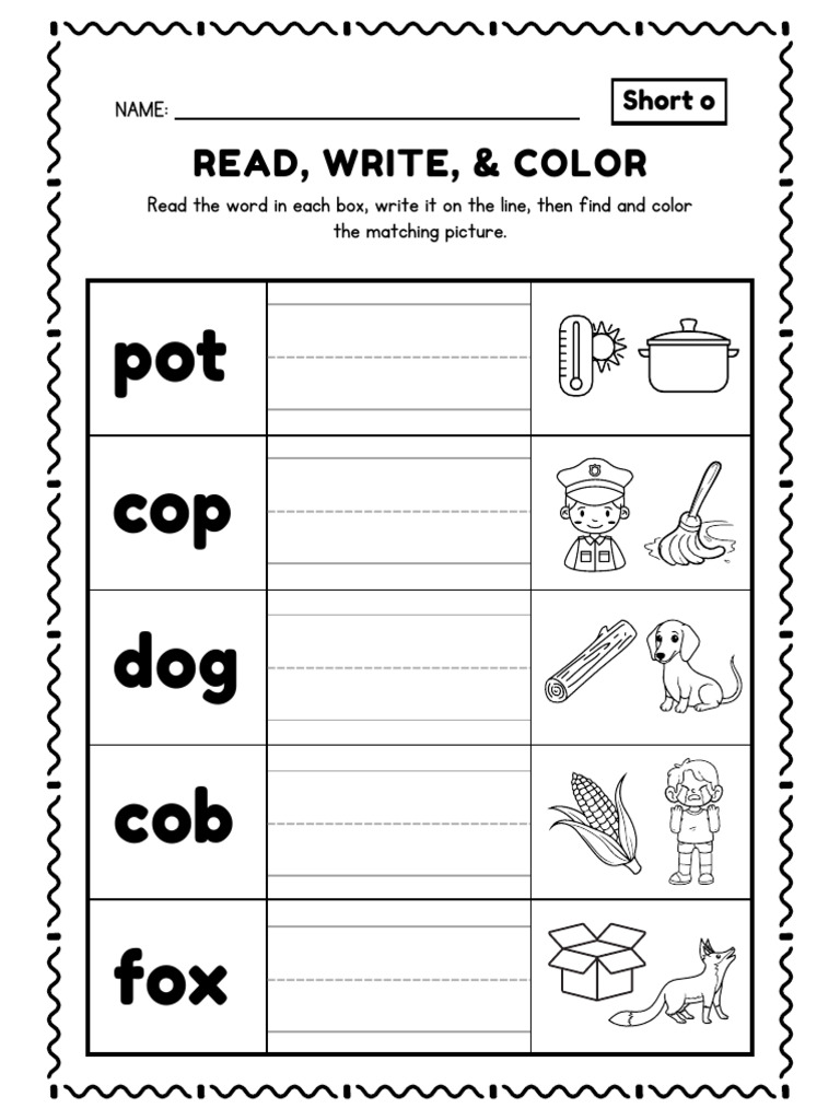 Literacy Short O (CVC) Read, Write, and Color Worksheet Black and White ...