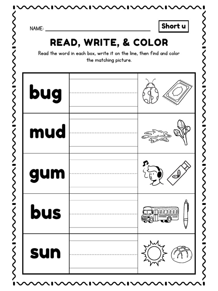 Literacy Short U (CVC) Read, Write, and Color Worksheet Black and White ...