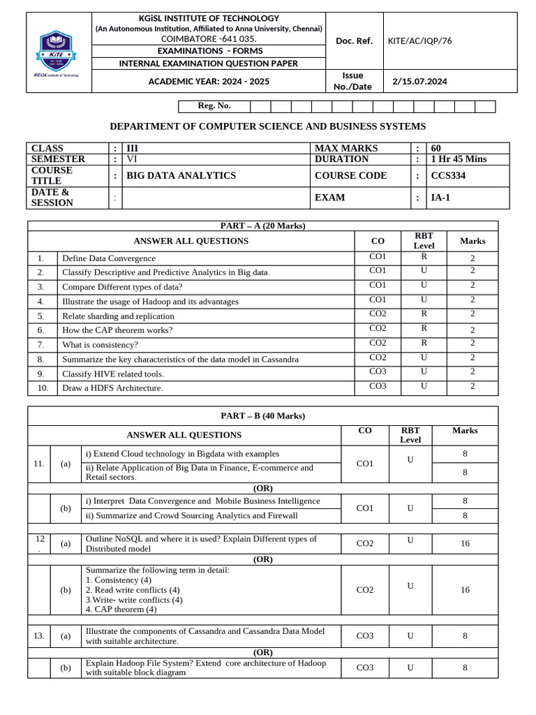 Big Data Analytics Exam Paper 2024 | PDF | Big Data | Analytics