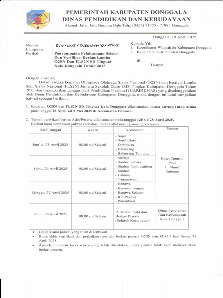 Penyampaian Pelaksanaan Seleksi Dan Verifikasi Berkas Lomba O2SN | PDF