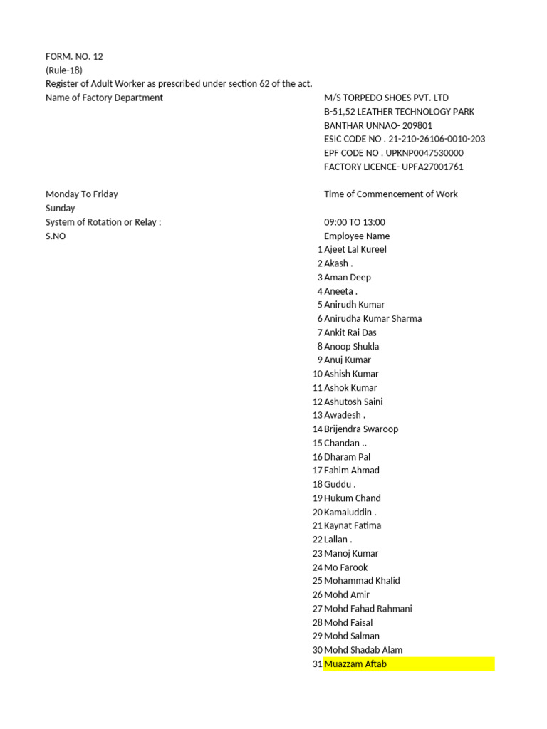 Adult Worker Register for Torpedo Shoes | PDF