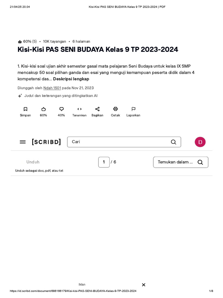 Kisi-Kisi Pas Seni Budaya Kelas 9 TP 2023-2024 - PDF | PDF